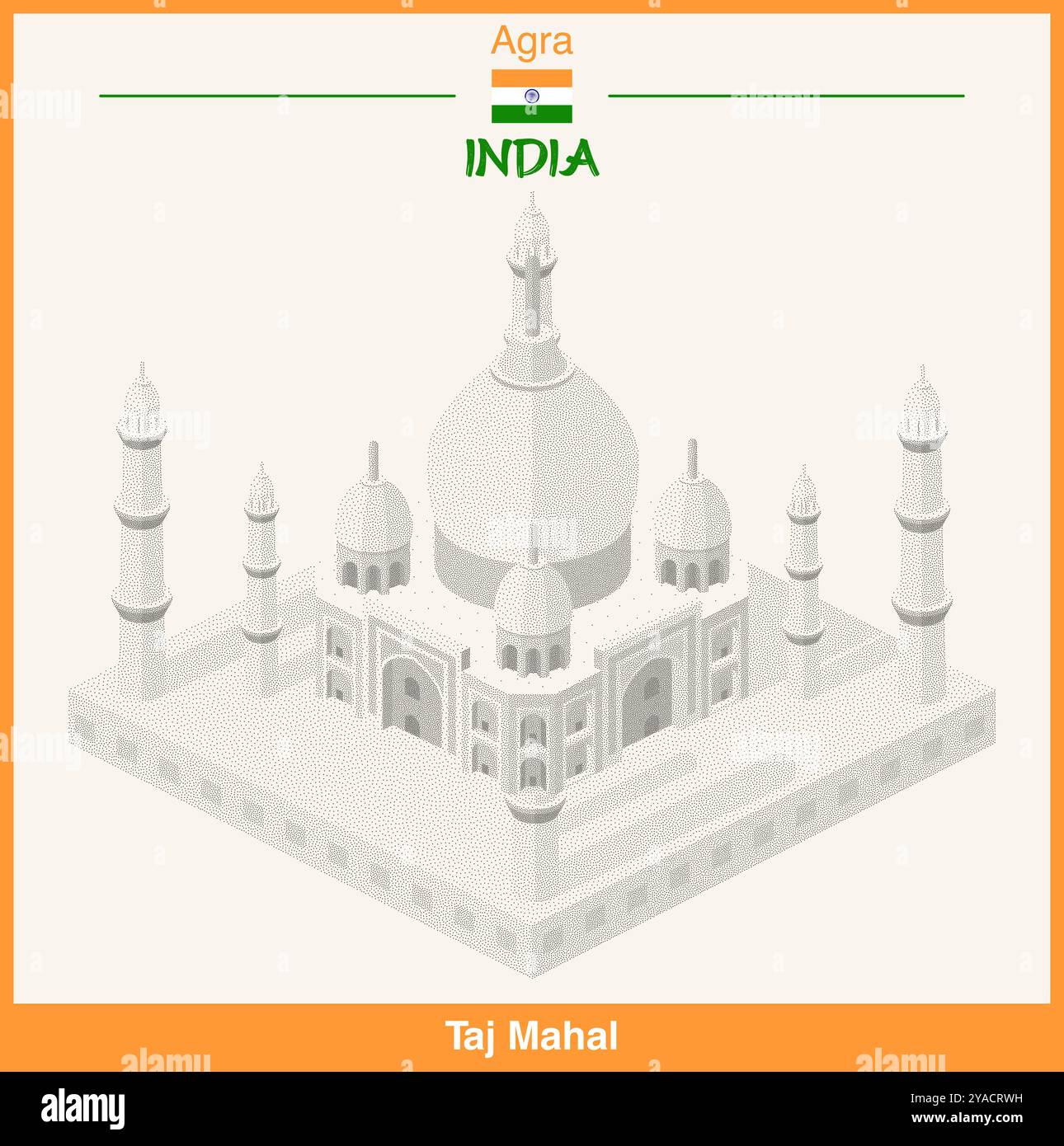 Taj Mahal isometric illustration made with stipple texture, pointillism ...