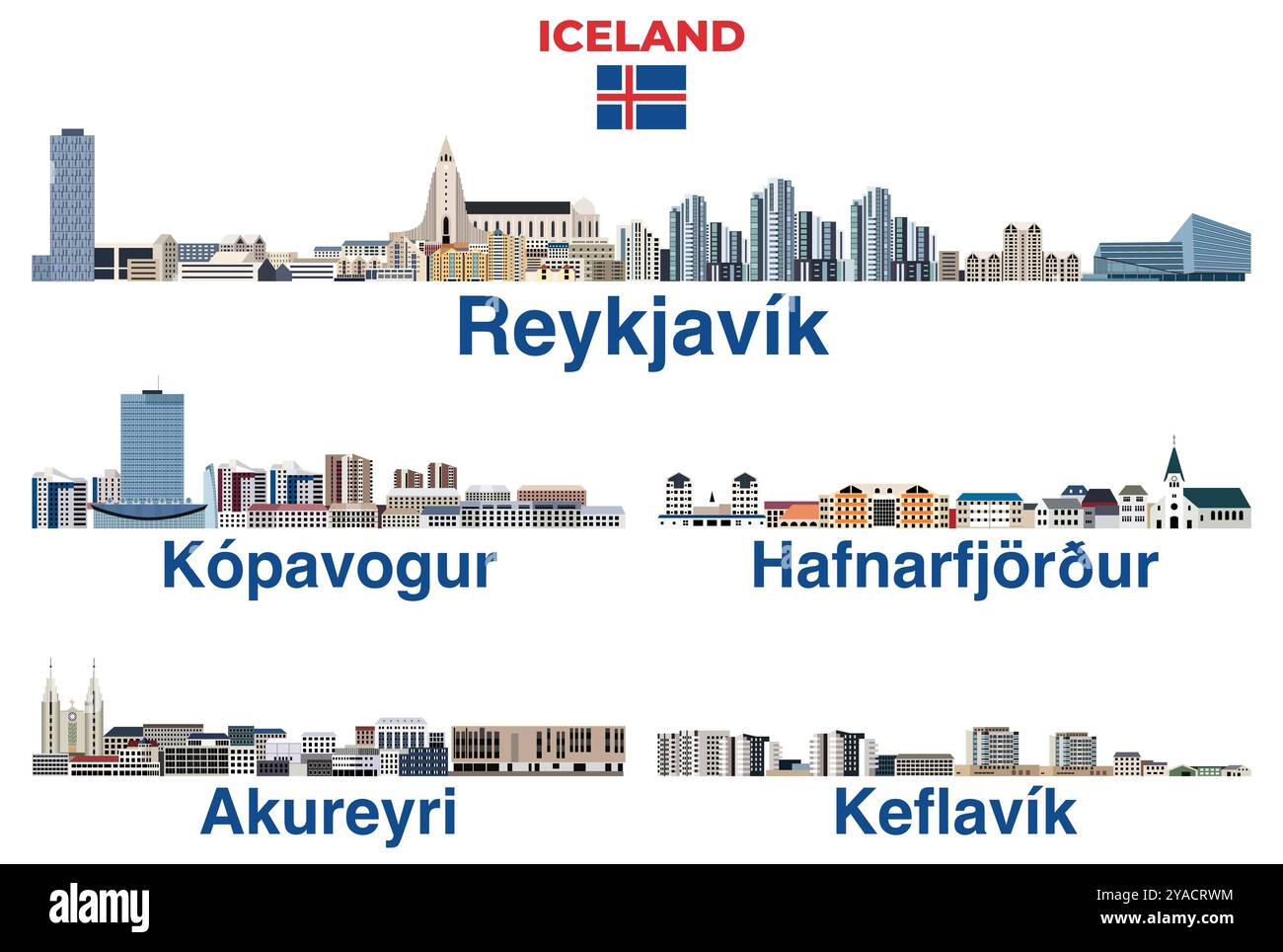 Iceland main cities skylines vector isolated illustrations set Stock ...