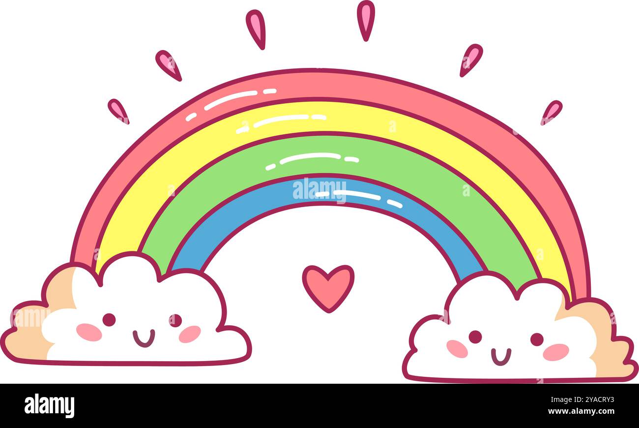 A vibrant cartoon style rainbow emerges from fluffy smiling clouds ...