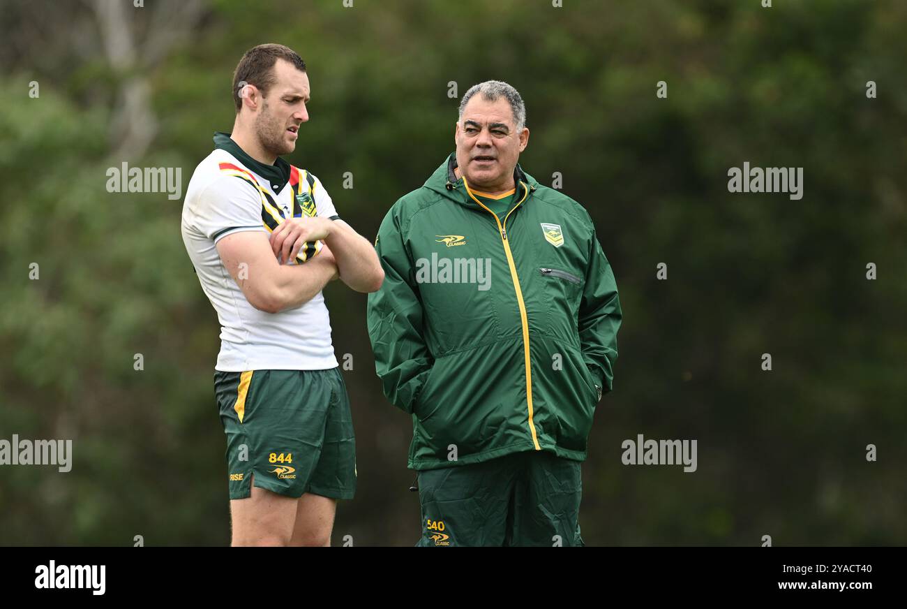Brisbane, Australia. 13th Oct, 2024. Isaah Yeo and coach Mal Meninga ...