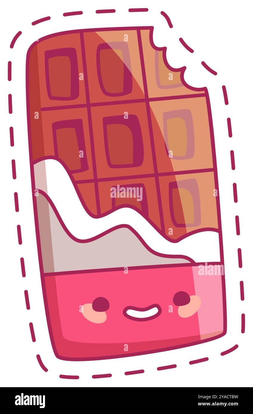 A cheerful cartoon chocolate bar with a big smile is shown with a bite ...