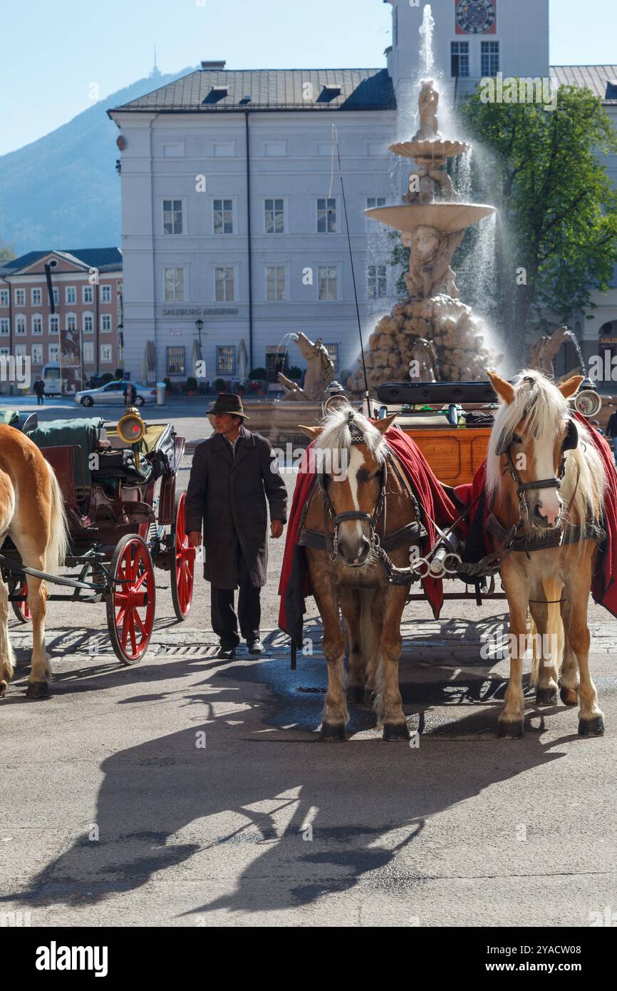 A charriot with horses at the Residenzplatz square with the ...