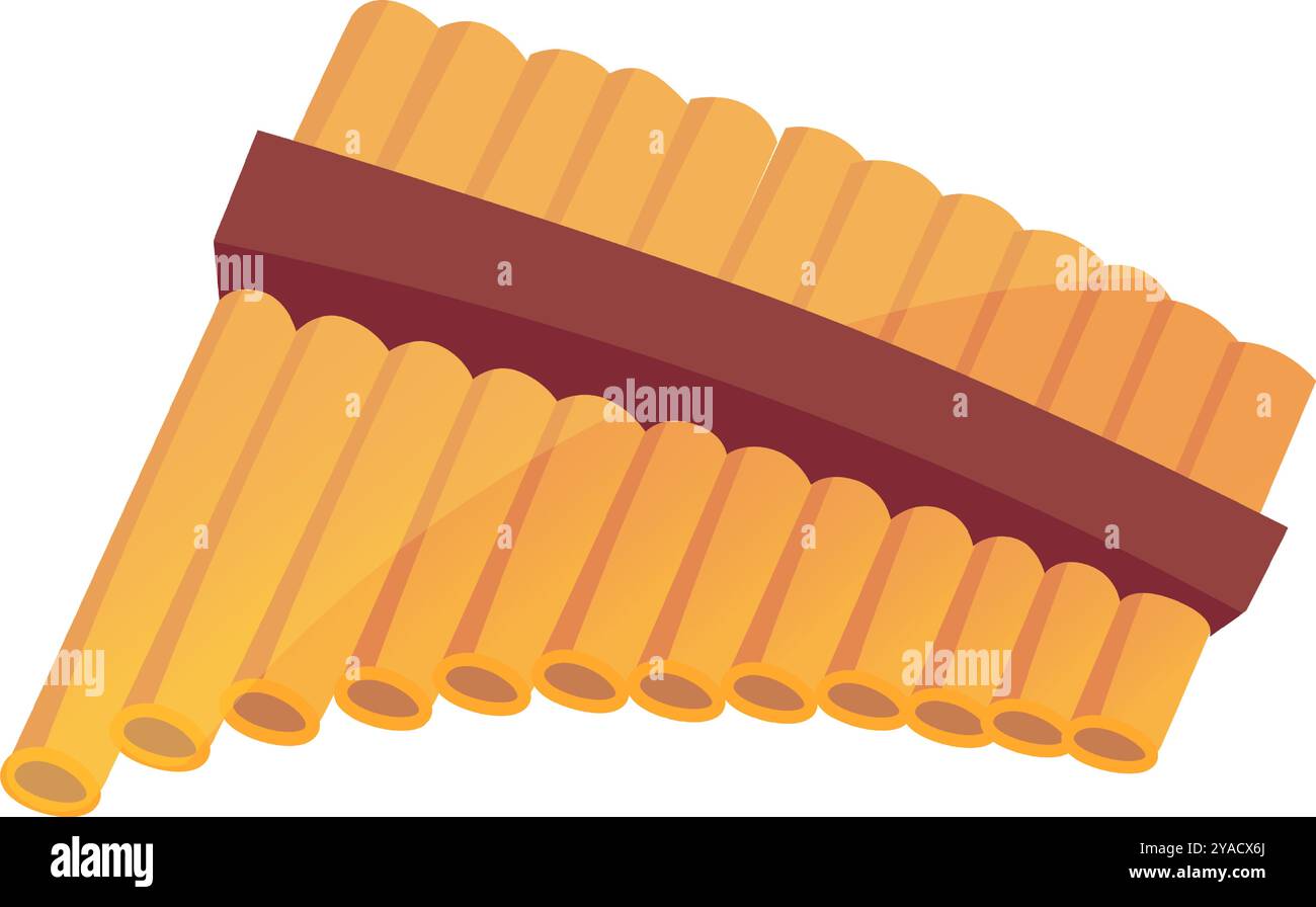 The wooden pan flute features an array of brightly colored yellow tubes ...