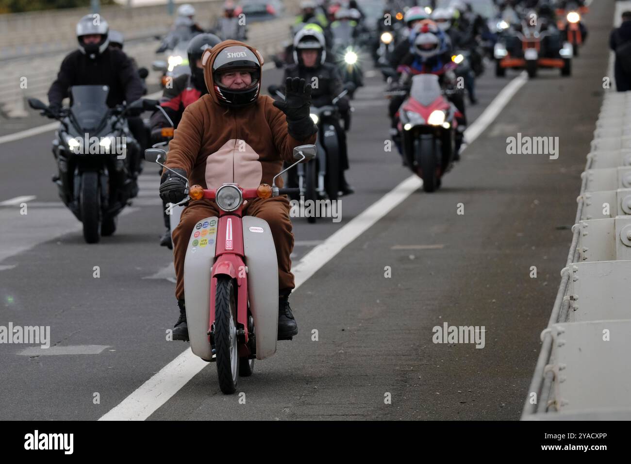 Chepstow, UK. 13th Oct, 2024. The badges show this is a regular rider ...