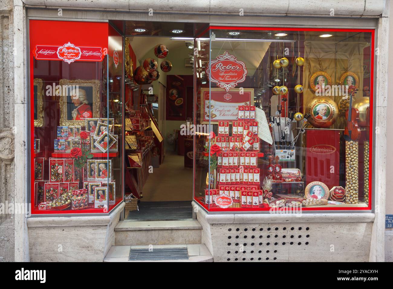 A Typical Mozart chocolate store in Altstadt Salzburg, Austria Stock ...