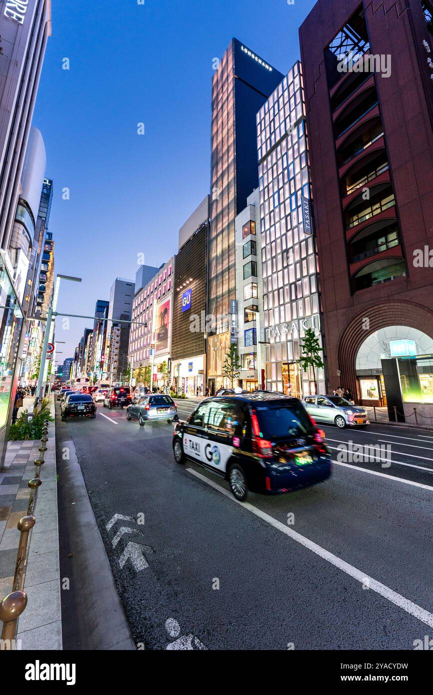 View along the Ginza in the evening with the Tasaki, Longchamp and GU ...