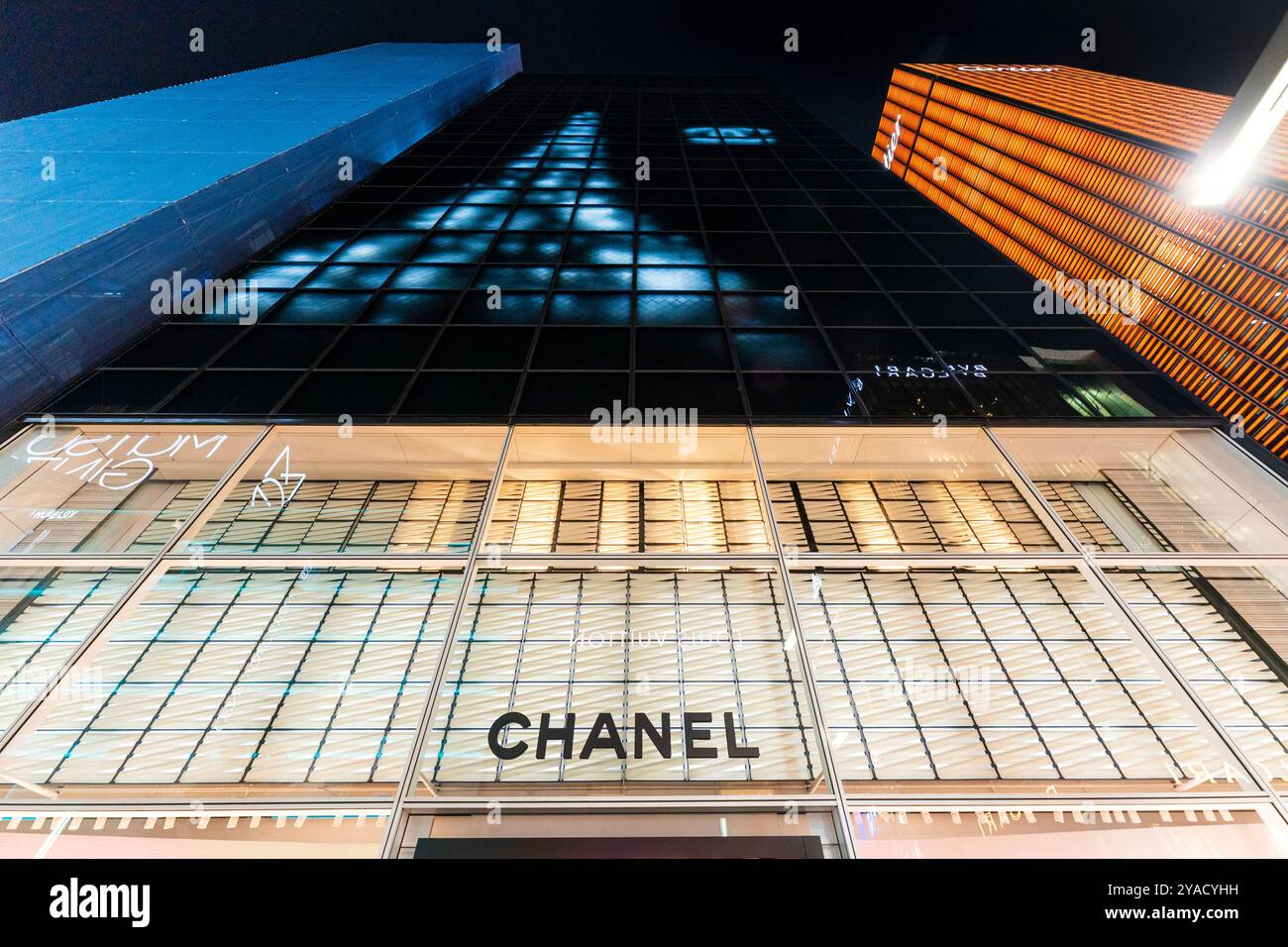 Front view of the Chanel flagship store on the Ginza at night with its ...