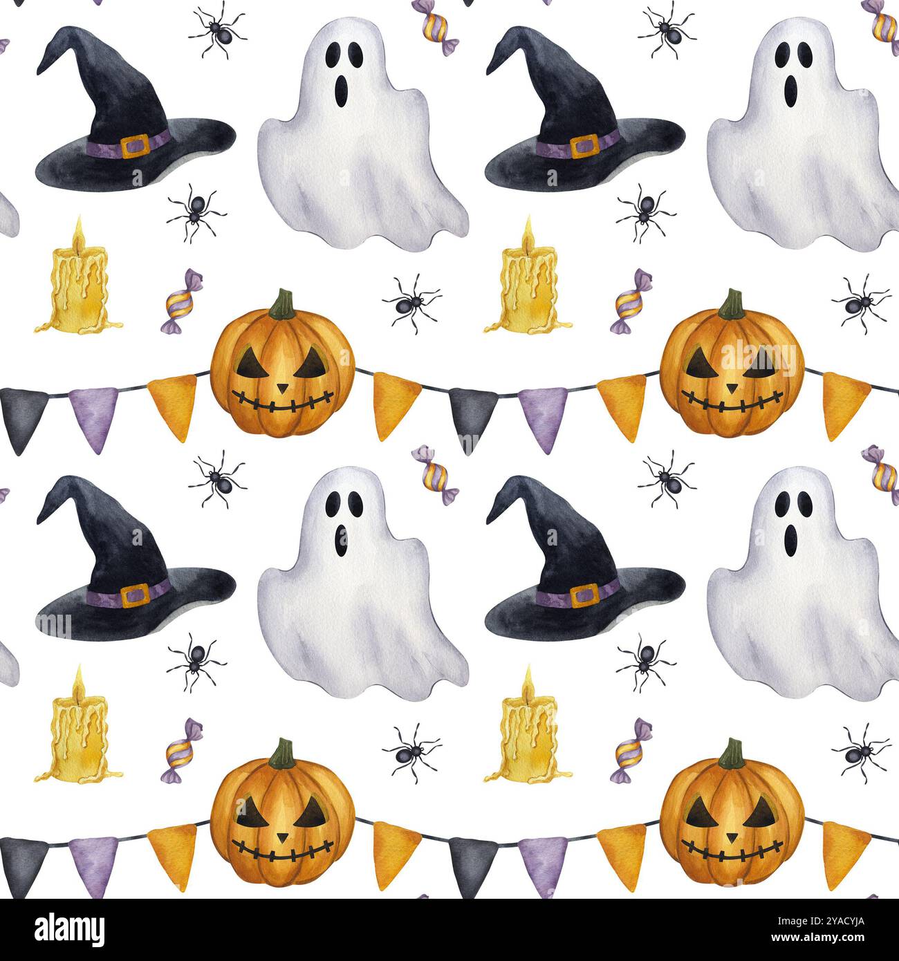 Halloween seamless pattern Jack o Lantern, carved orange pumpkin, candy ...