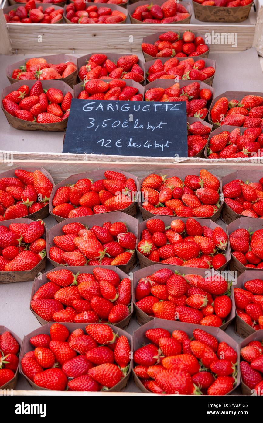Boxes with french sweet organic red ripe strawberries Fraises ...