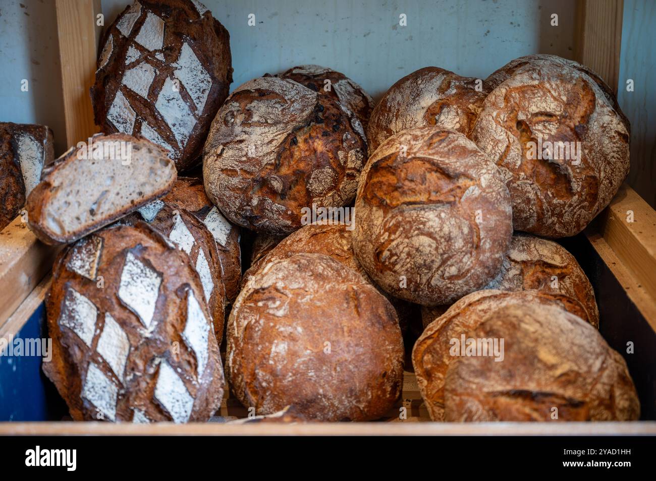 French artisan bakery in Bordeaux, fresh baked rye and wheat bread and ...