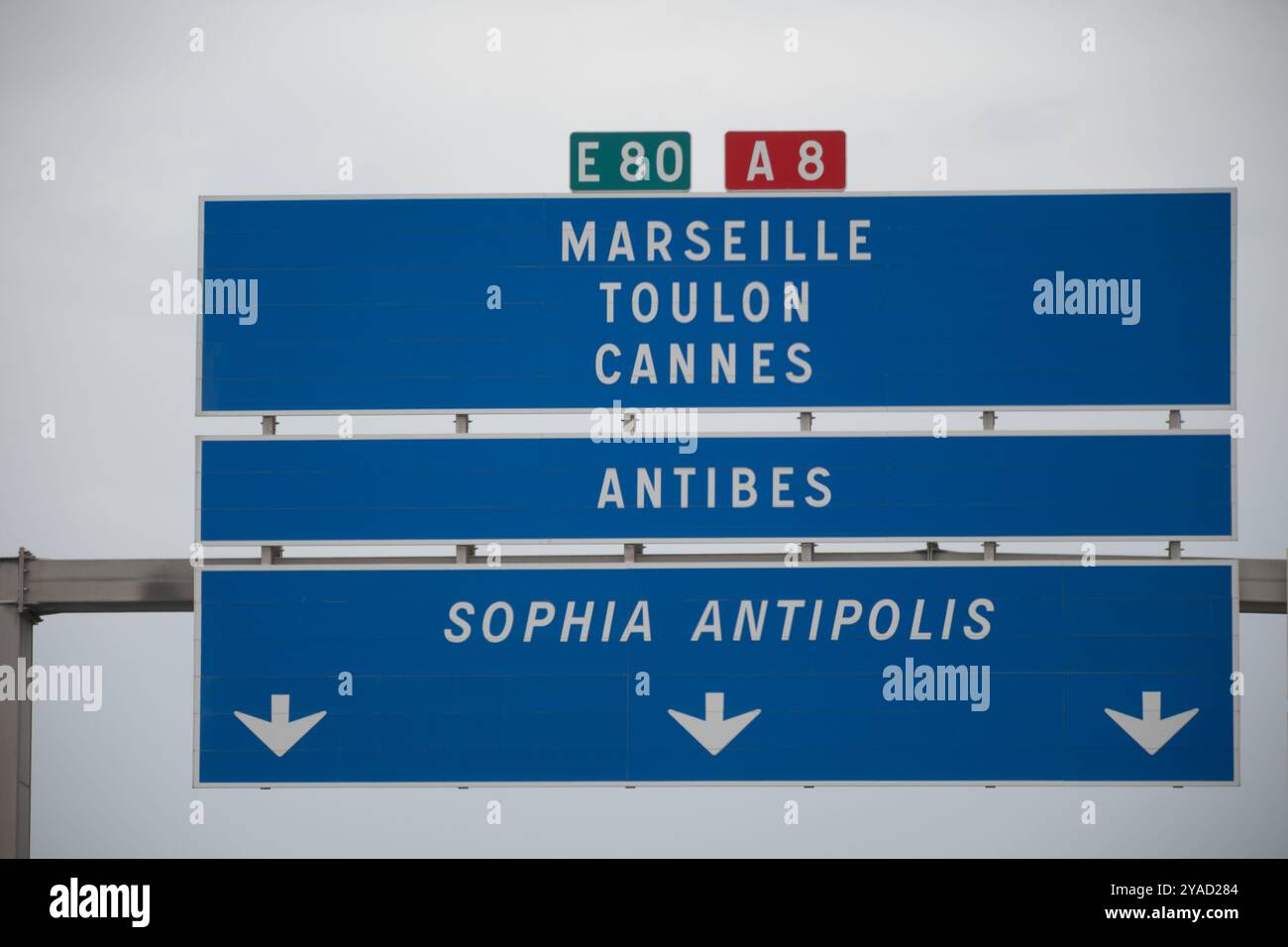 Driving car on A8 road, road signes with directions to Marseille, Digne ...