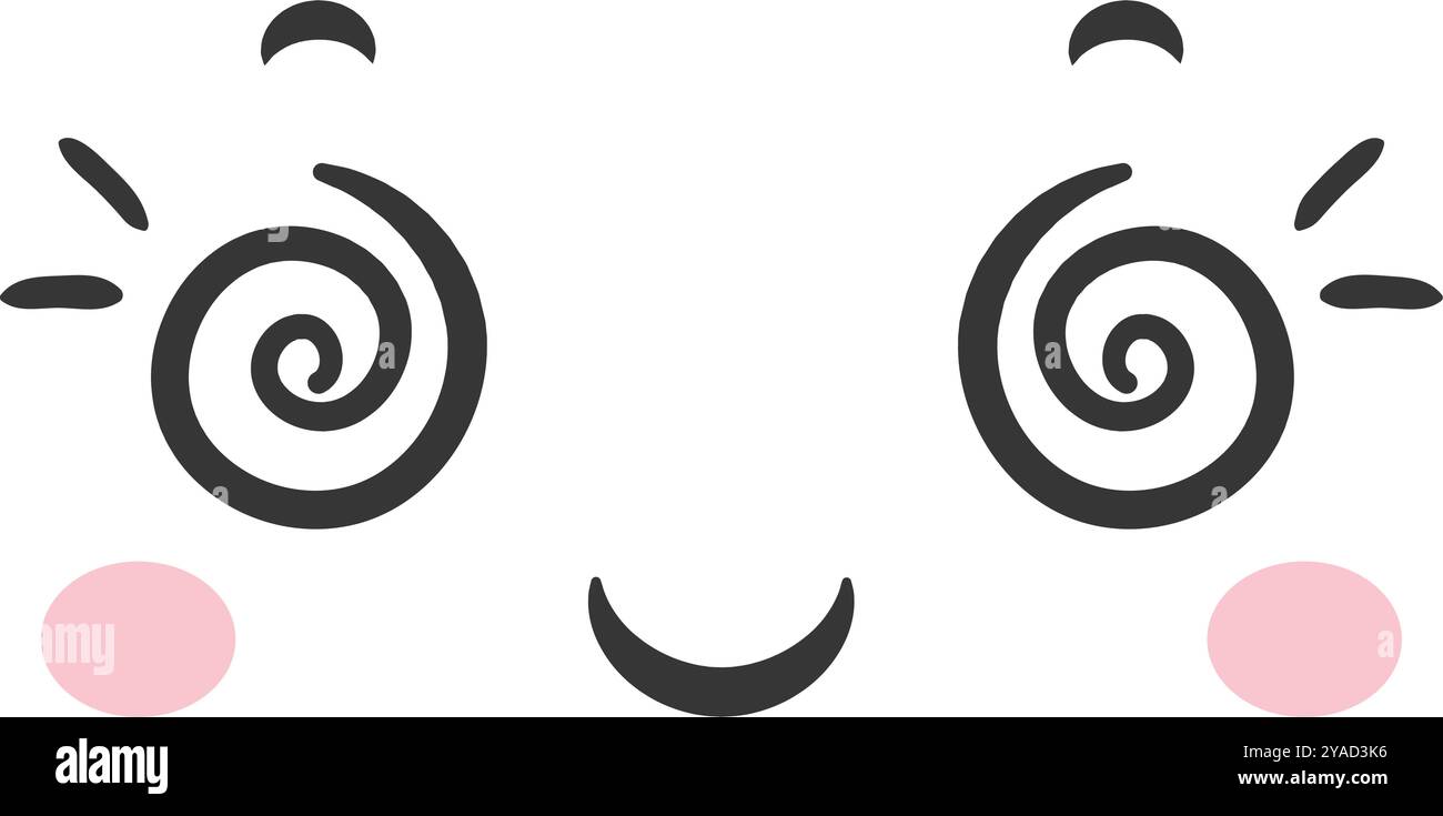 A charming cartoon face features large spiral eyes and pink cheeks ...