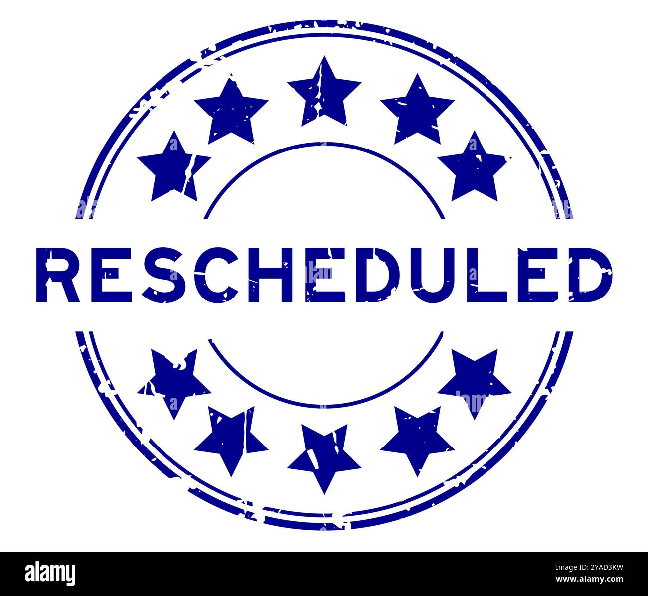 Grunge blue rescheduled word with star icon round rubber seal stamp on ...