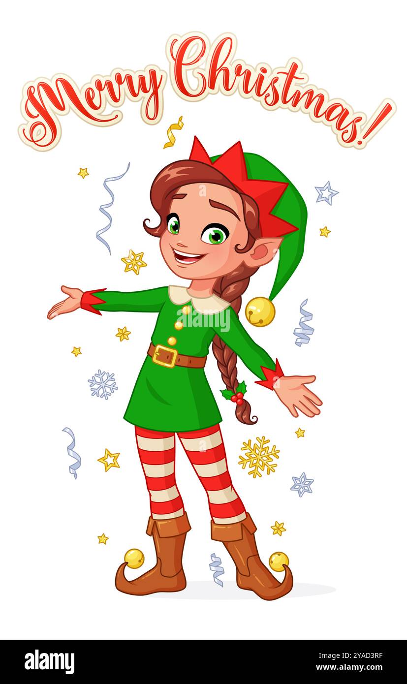 Cute Elf girl happy Santas little helper. Christmas greeting vector illustration Stock Vector ...