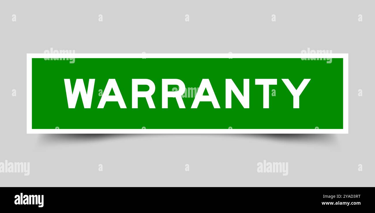 Square sticker label with word warranty in green color on gray ...