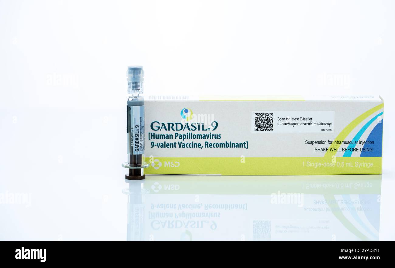 CHONBURI, THAILAND-SEPTEMBER 13, 2024: Gardasil 9 HPV vaccine packaging ...