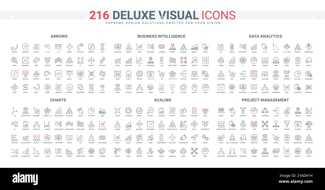 Data and trend analytics, project development, business skill of analyst, arrows line icon set ...