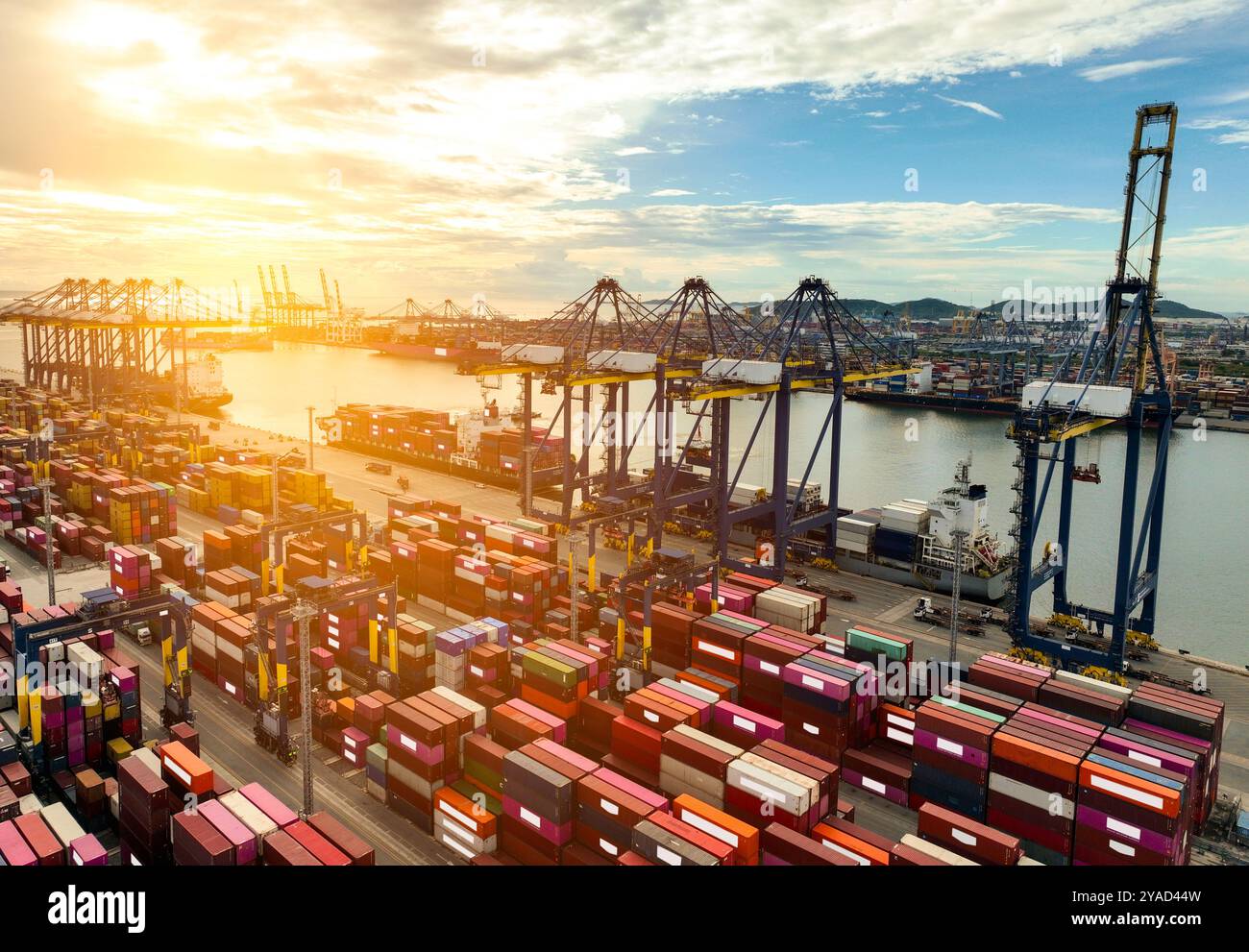 Logistics and transportation of container cargo ship at ship port ...