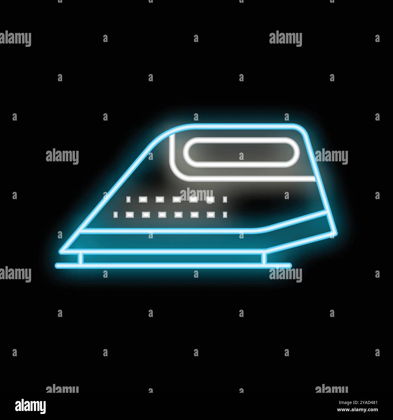 Blue and white neon sign glowing on a black background, shaped like a ...