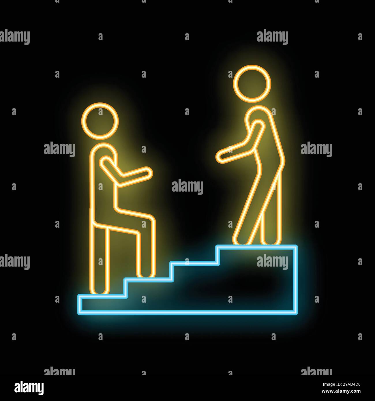Neon sign illustrating a businessman helping a colleague to climb the ...