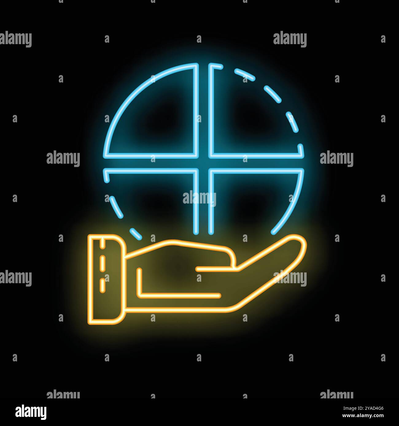 Neon sign representing global business, with a hand holding a world ...