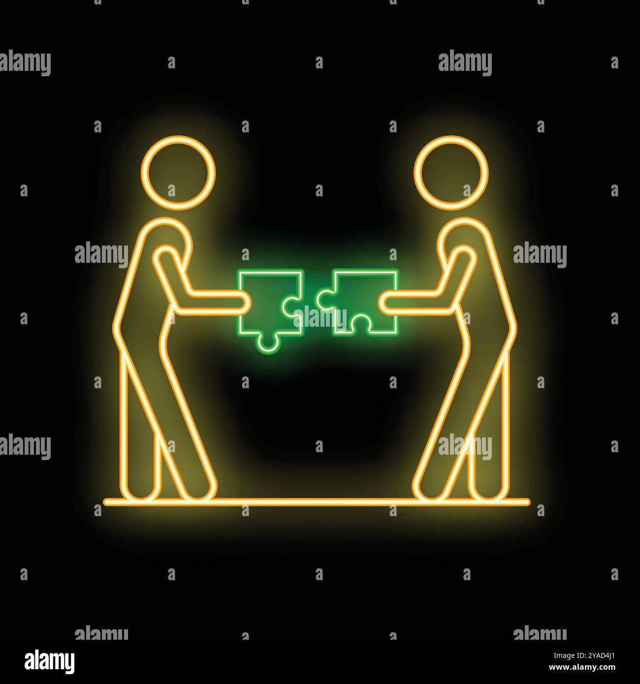 Neon sign representing two businessmen joining puzzle pieces, a great ...