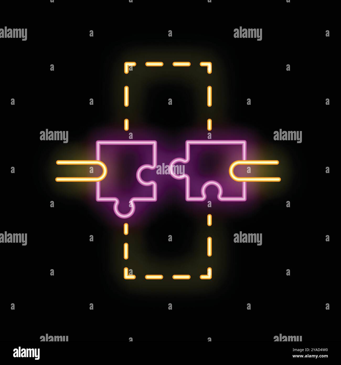 Neon sign of two hands connecting the missing pieces of a jigsaw puzzle, representing teamwork ...