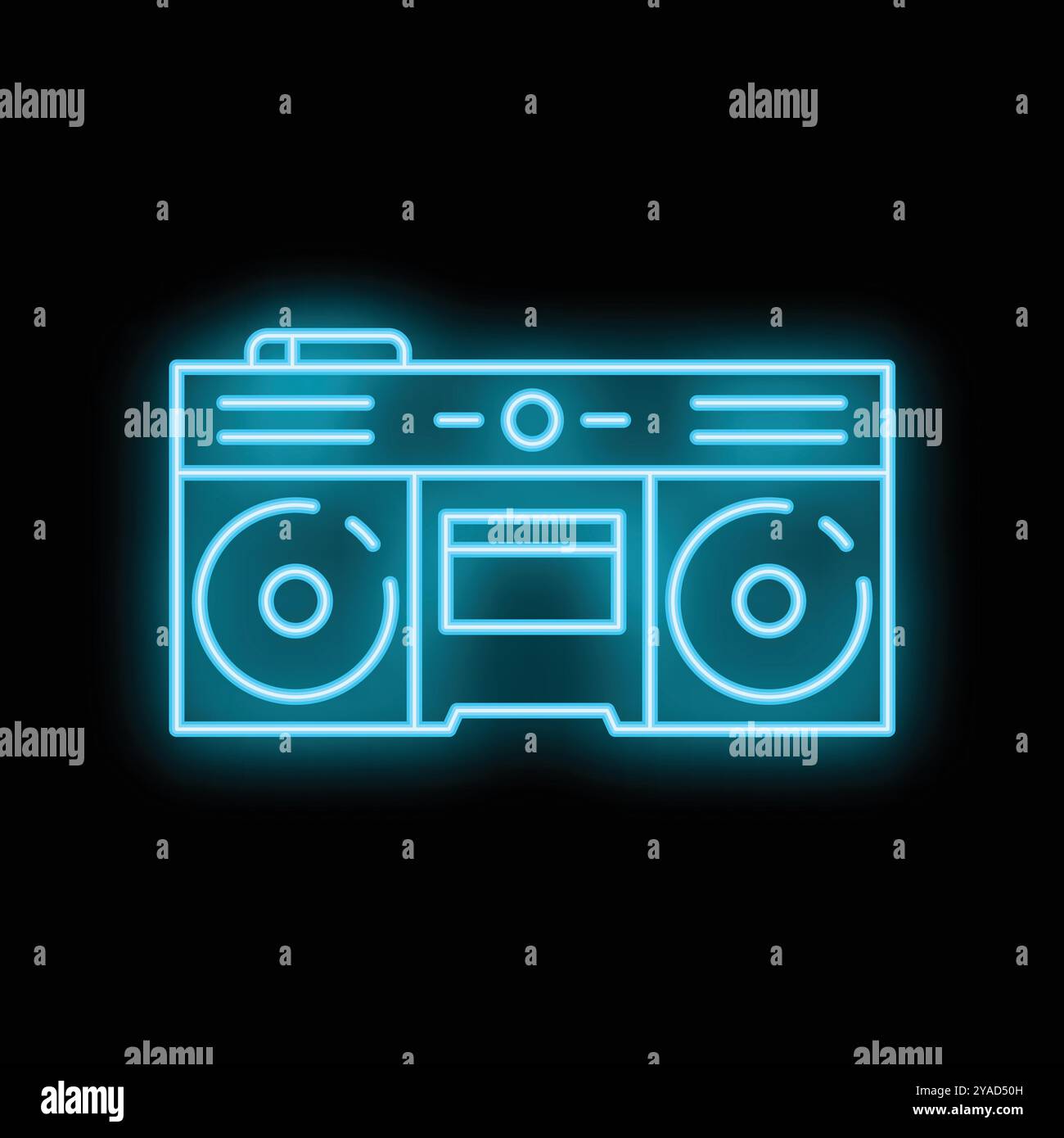 Blue neon sign representing a boombox playing music, with black ...
