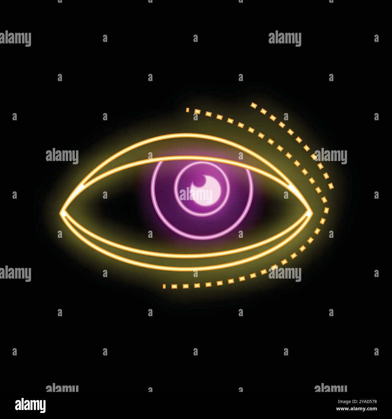 Neon sign showing an open eye with eyelashes, glowing yellow and purple ...