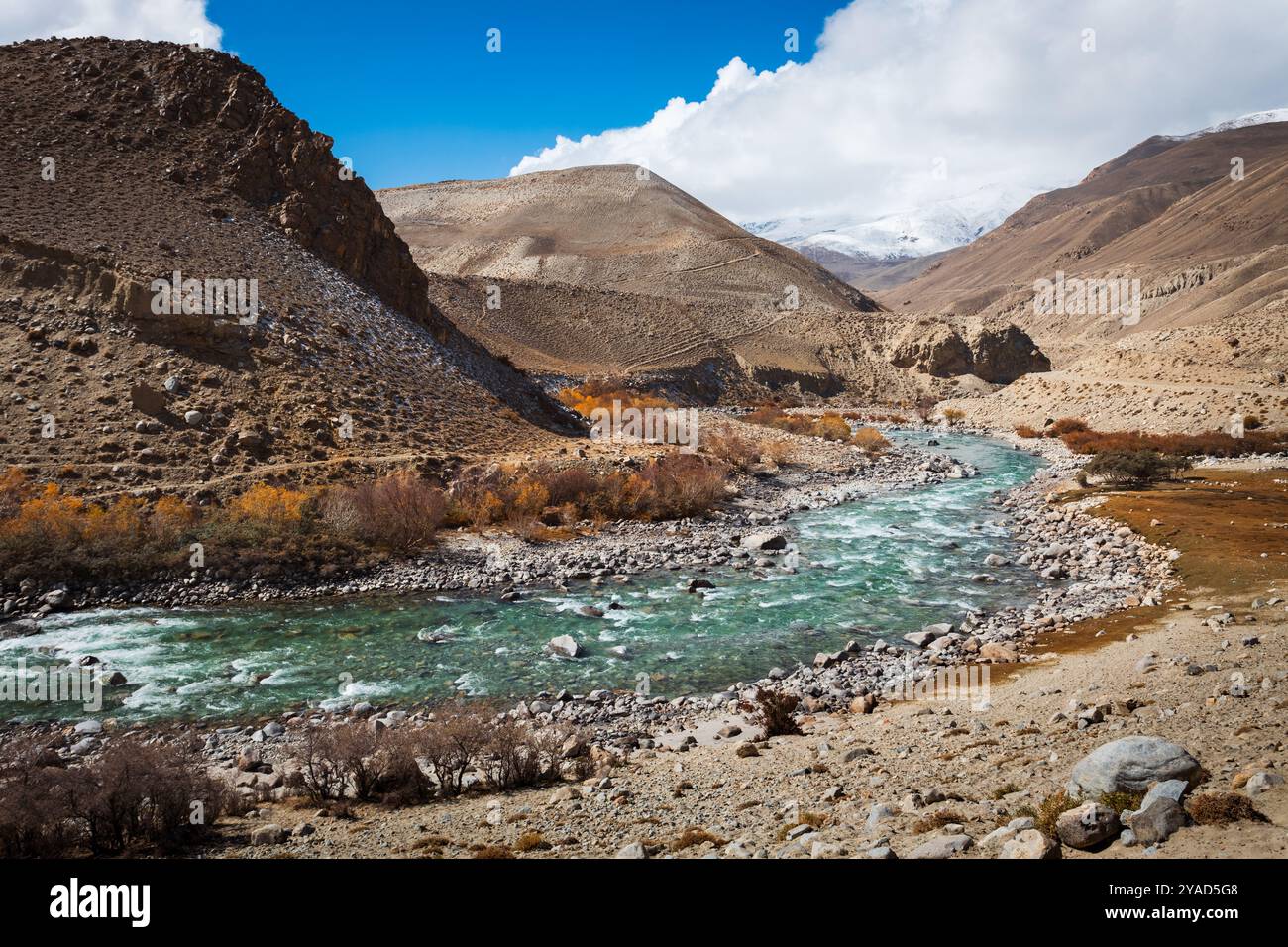 The Wakhan Corridor river and mountain landscape view from the Pamir ...