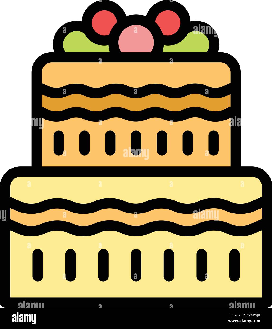 Delicious two tiered cake with decorative frosting and berries is ...