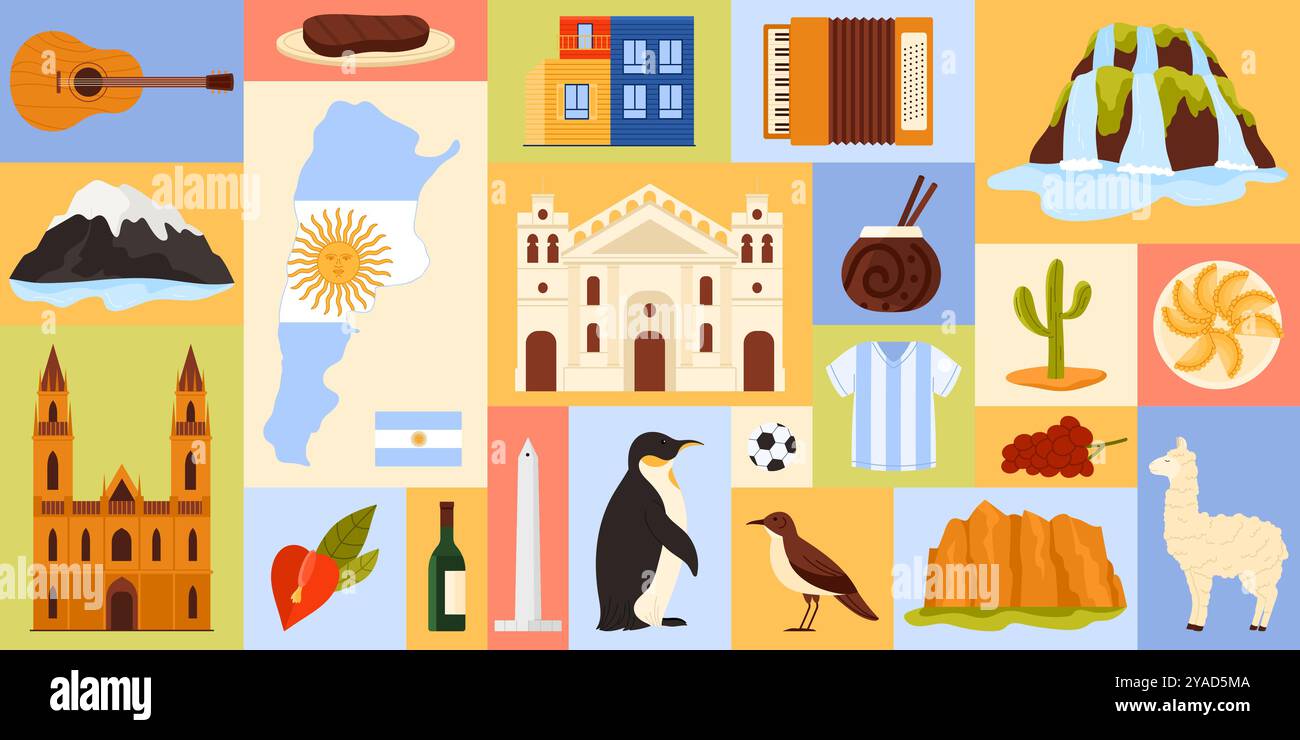 Vector Illustration Showing Iconic Symbols Of Argentina Including Landmarks Foods And
