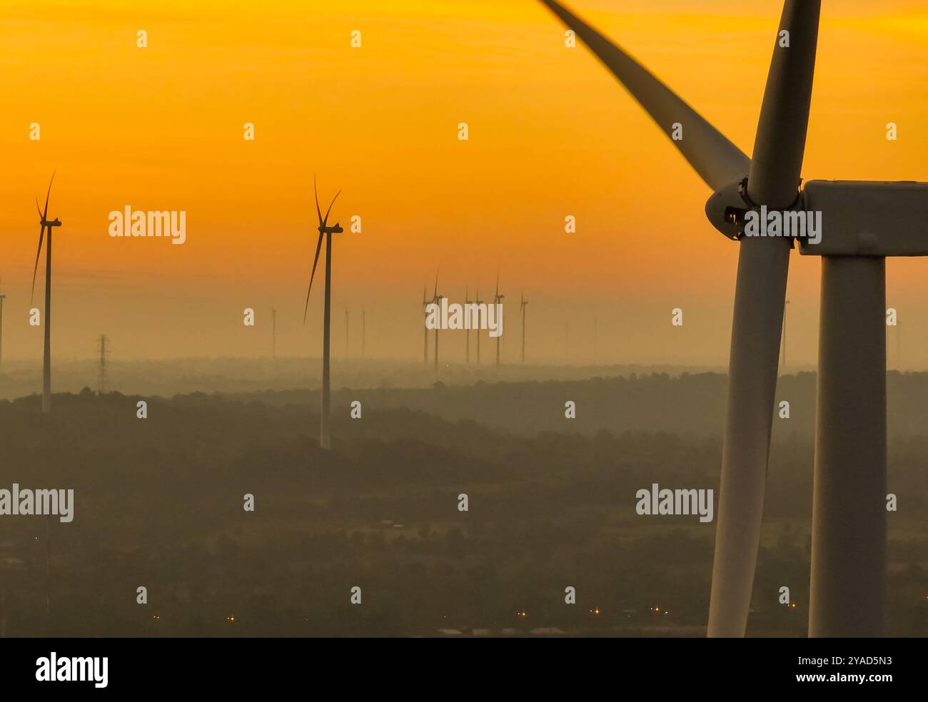 Wind farm field and sunset sky. Wind power. Sustainable, renewable ...