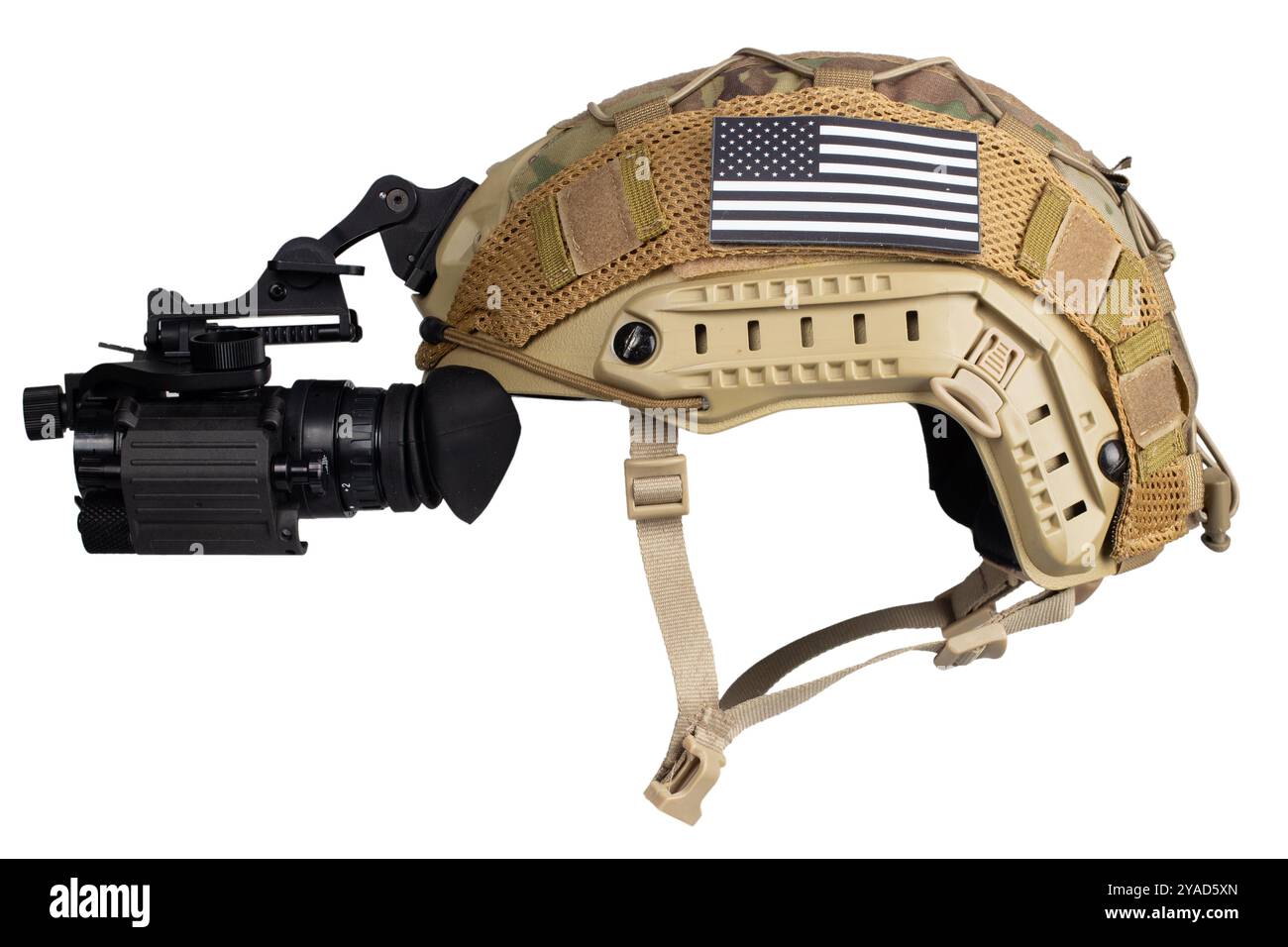 Night vision monocular on army helmet isolated on white background ...