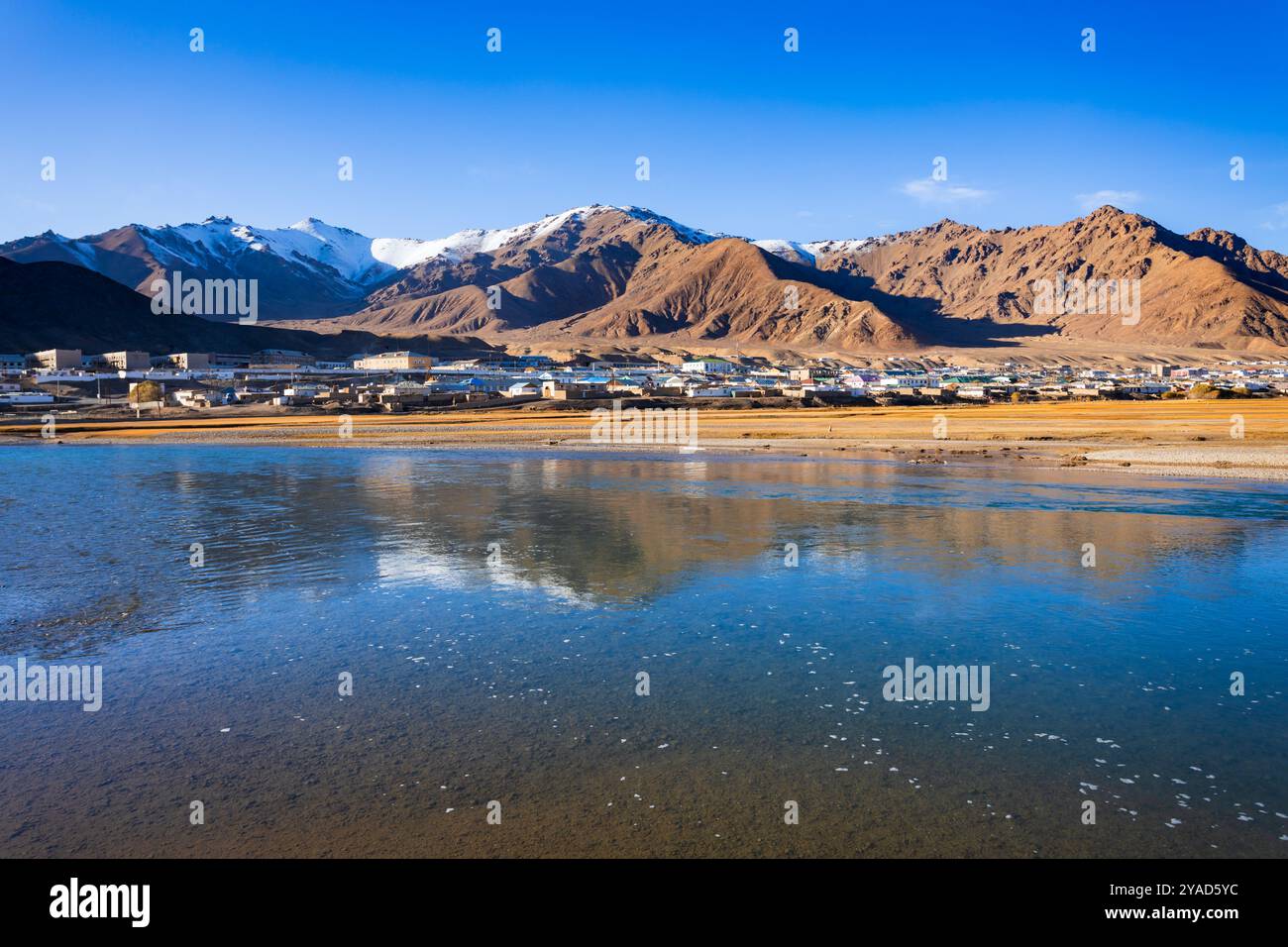 Bartang river, Murghab town and Pamir mountains in Tajikistan. Murghab ...