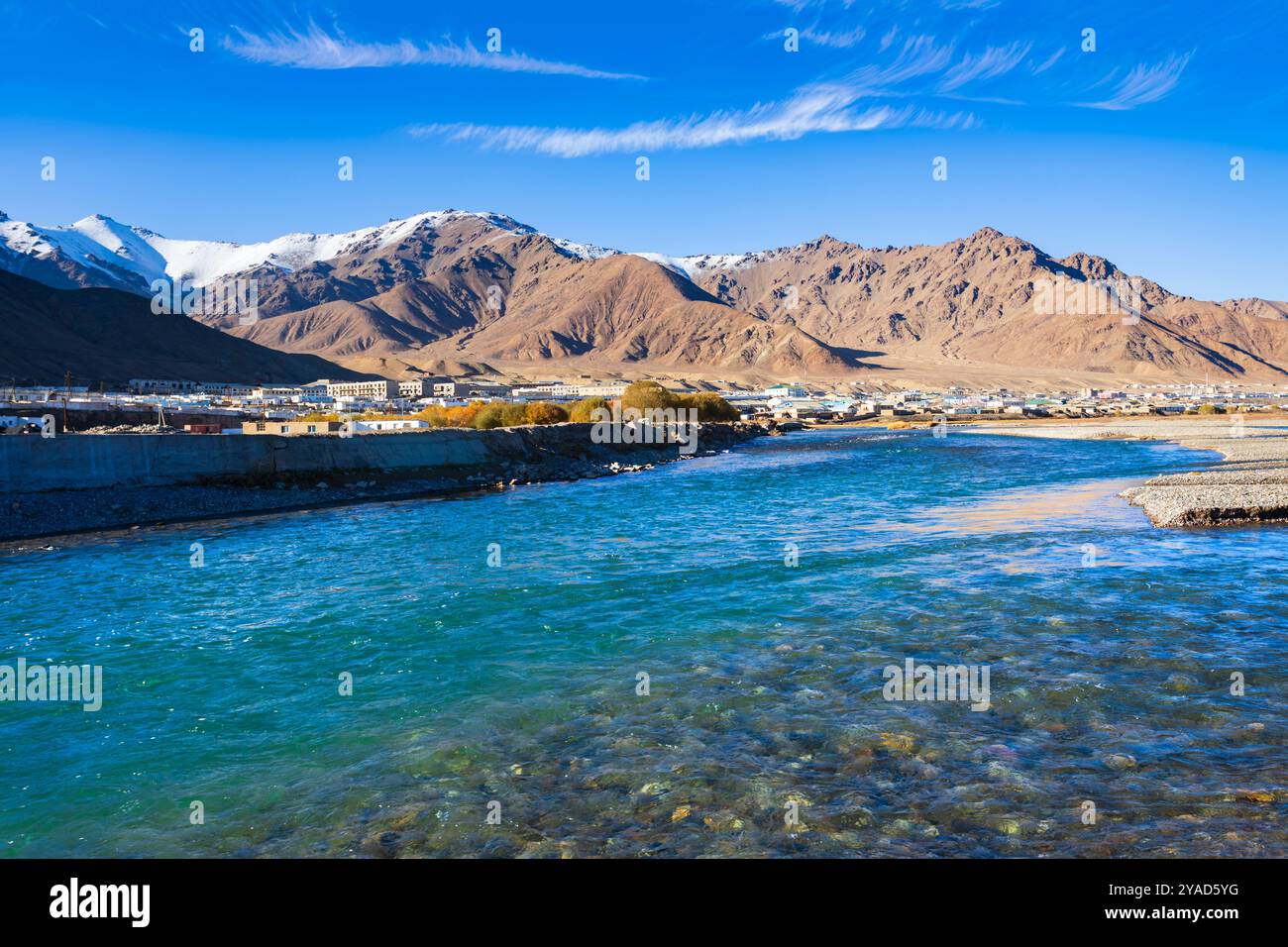Bartang river, Murghab town and Pamir mountains in Tajikistan. Murghab ...