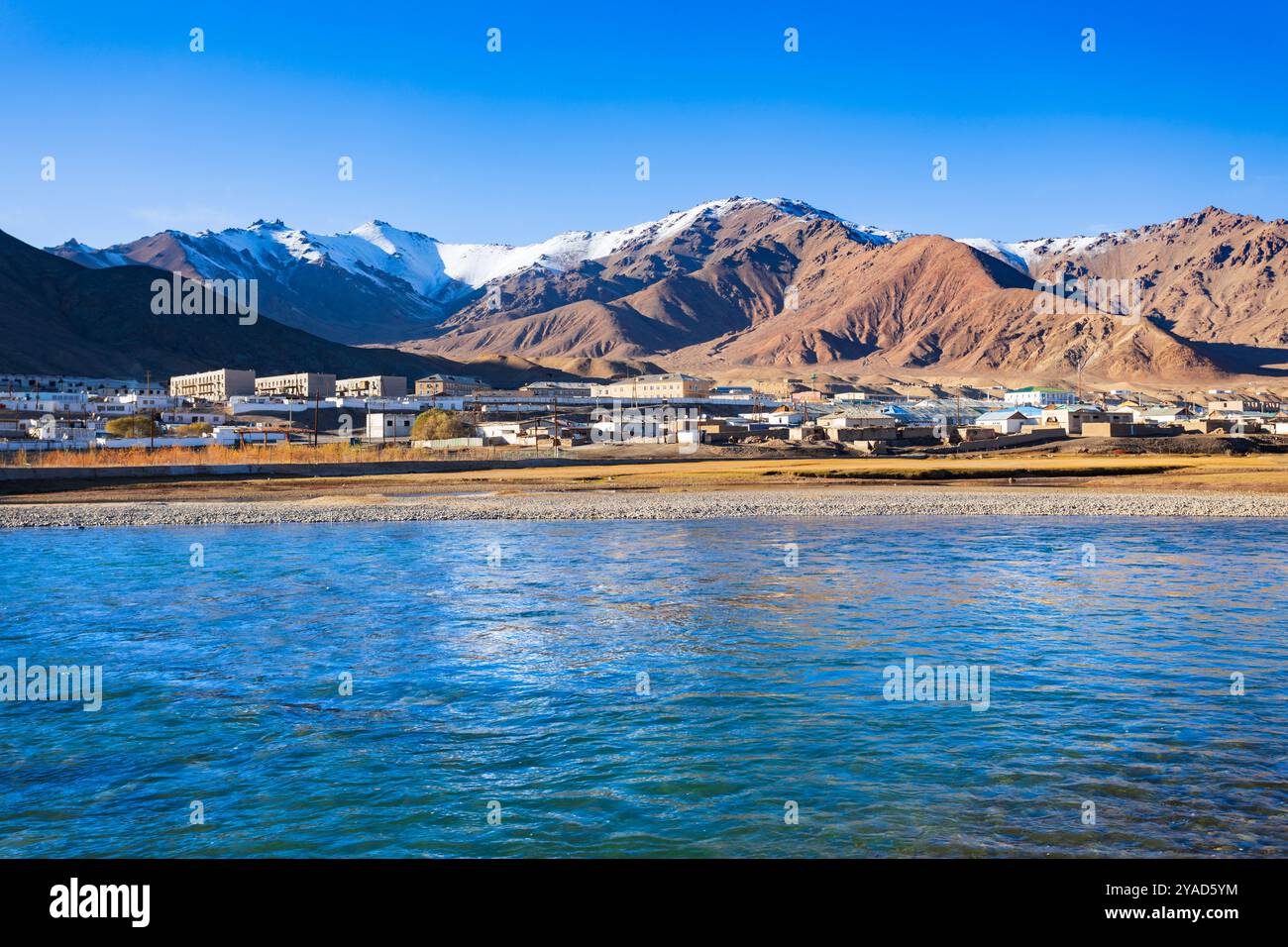 Bartang river, Murghab town and Pamir mountains in Tajikistan. Murghab ...