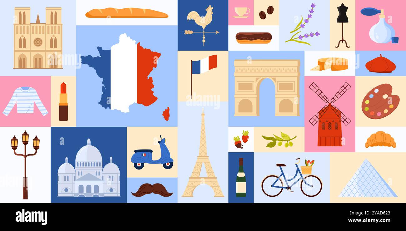 Vector illustration highlighting French landmarks and cultural elements ...