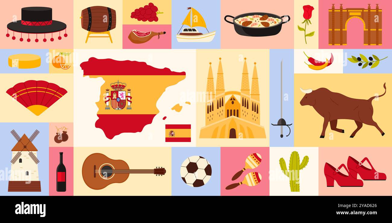 Vector illustration of various Spanish cultural elements, representing ...