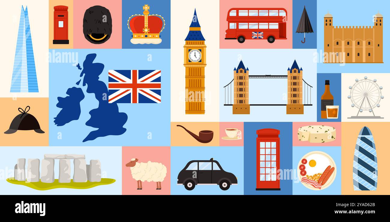 Vector illustration featuring key symbols of British culture, from ...