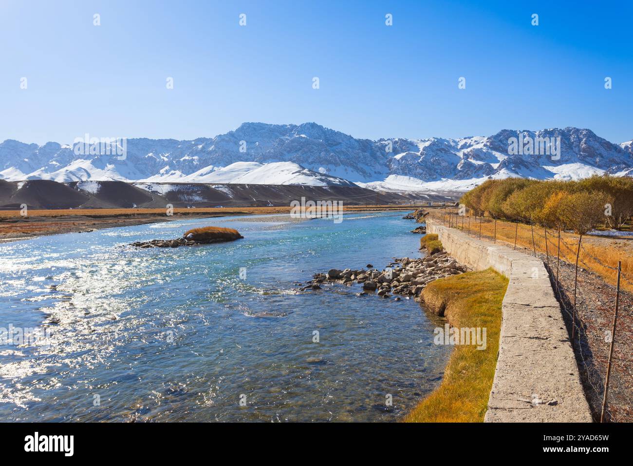 Bartang river, Murghab town and Pamir mountains in Tajikistan. Murghab ...