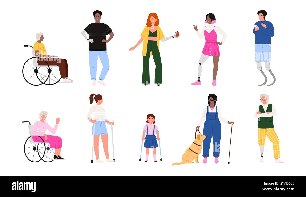 Diverse group of people with different types of disability, social ...