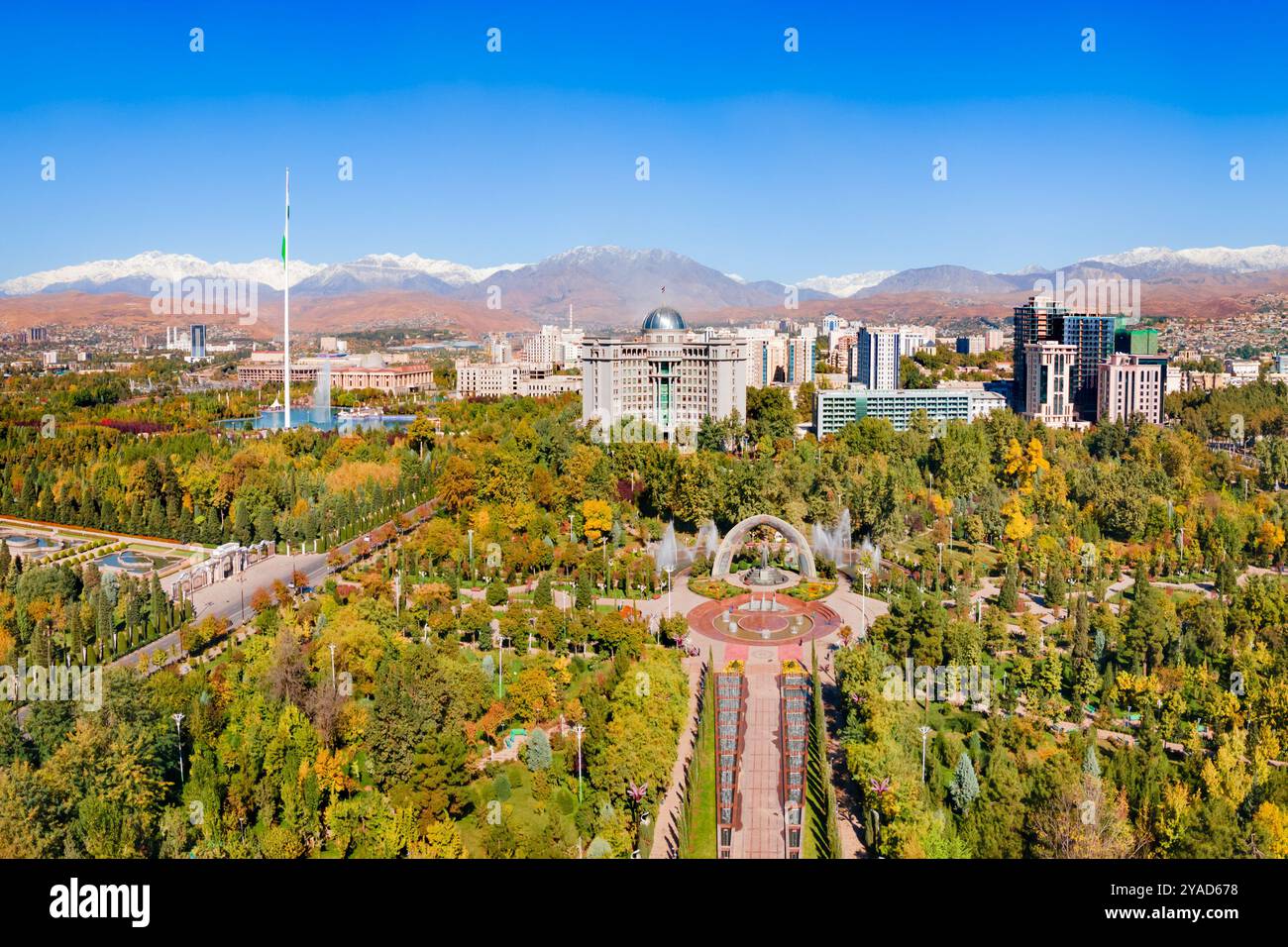 Rudaki Park aerial panoramic view in Dushanbe. Dushanbe is the capital ...