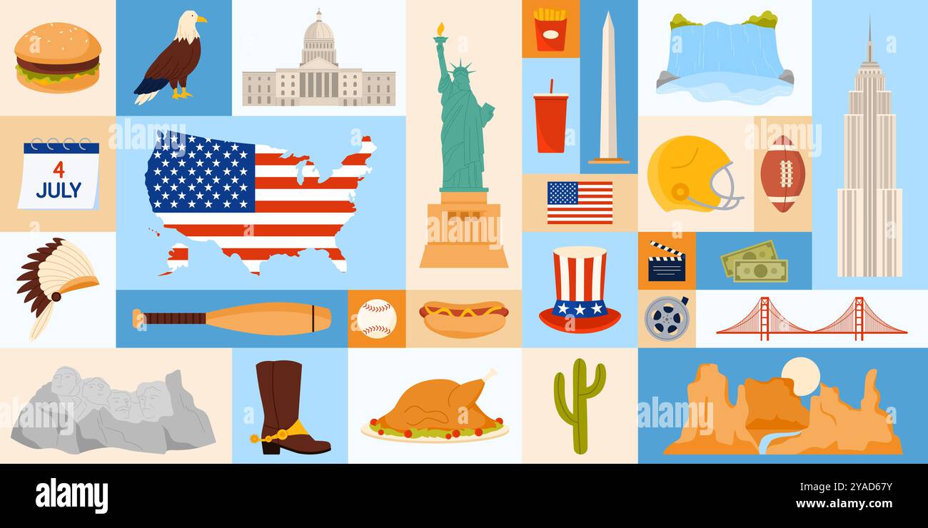 A colorful collage of iconic American symbols showcasing the rich ...