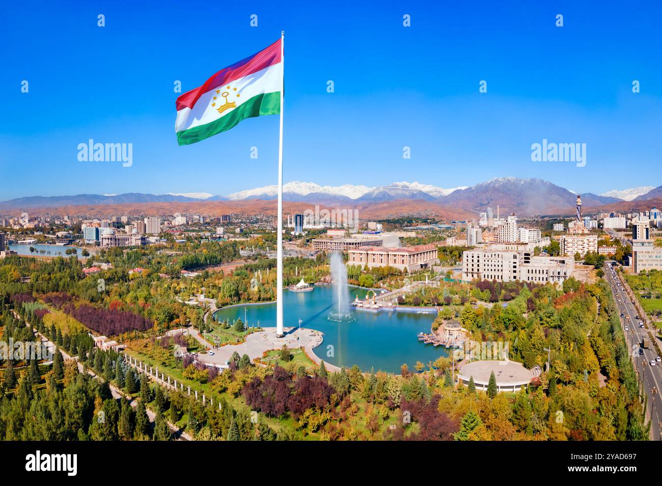 Dushanbe Flagpole square and lake aerial panoramic view. Dushanbe is ...