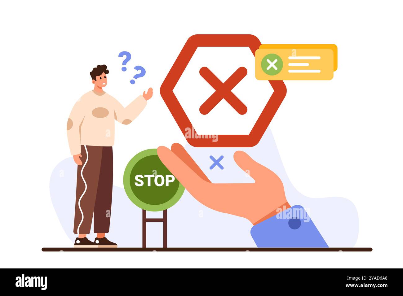 Refusal communication, forbidden sign for action. Tiny man with question mark and surprise from ...