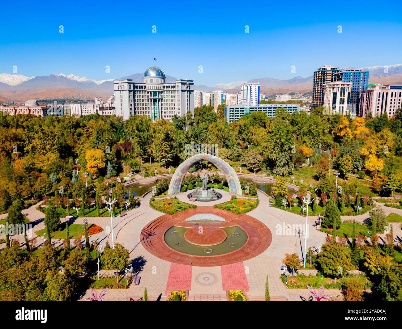 Rudaki Park aerial panoramic view in Dushanbe city centre. Dushanbe is ...