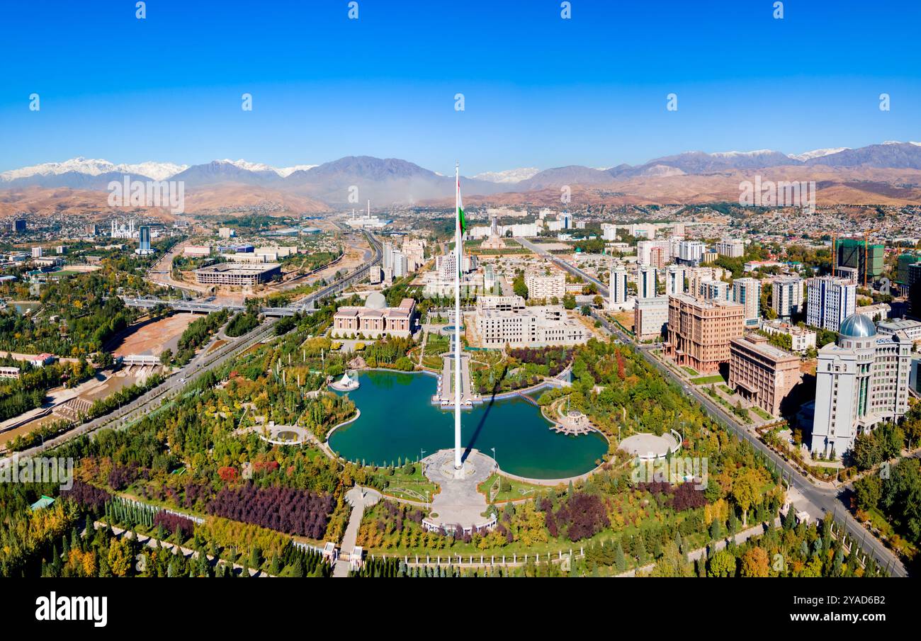 Dushanbe Flagpole square and lake aerial panoramic view. Dushanbe is ...