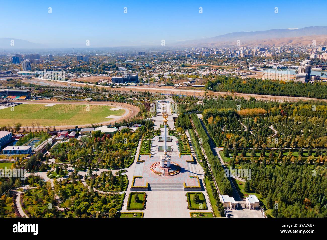 Independence Monument and Rudaki Park aerial panoramic view in Dushanbe ...