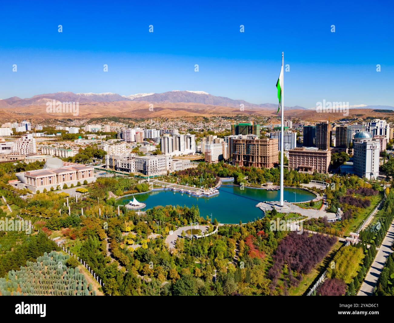 Dushanbe Flagpole square and lake aerial panoramic view. Dushanbe is ...